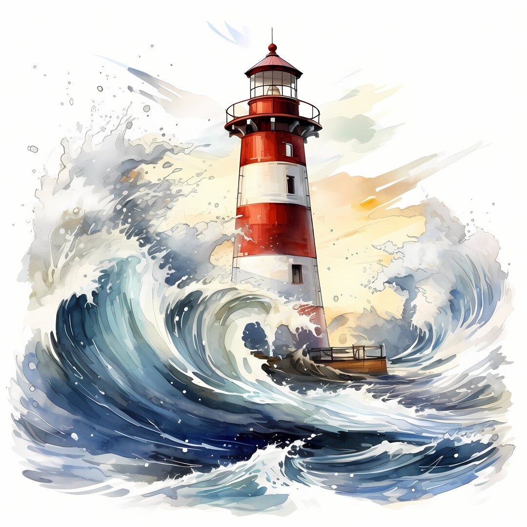 Sea Lighthouse Clipart, Light House in Storm Images, 10 Watercolor Clip ...