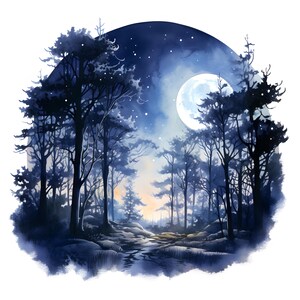 Watercolor Moonlit Forest Clipart: Full Moon Night Images (jpgs) - Etsy