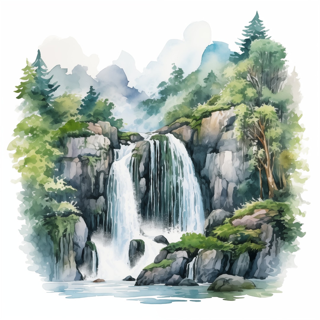 Waterfall Clipart, Forest Water Fall Images, 10 Watercolor Clip Art ...