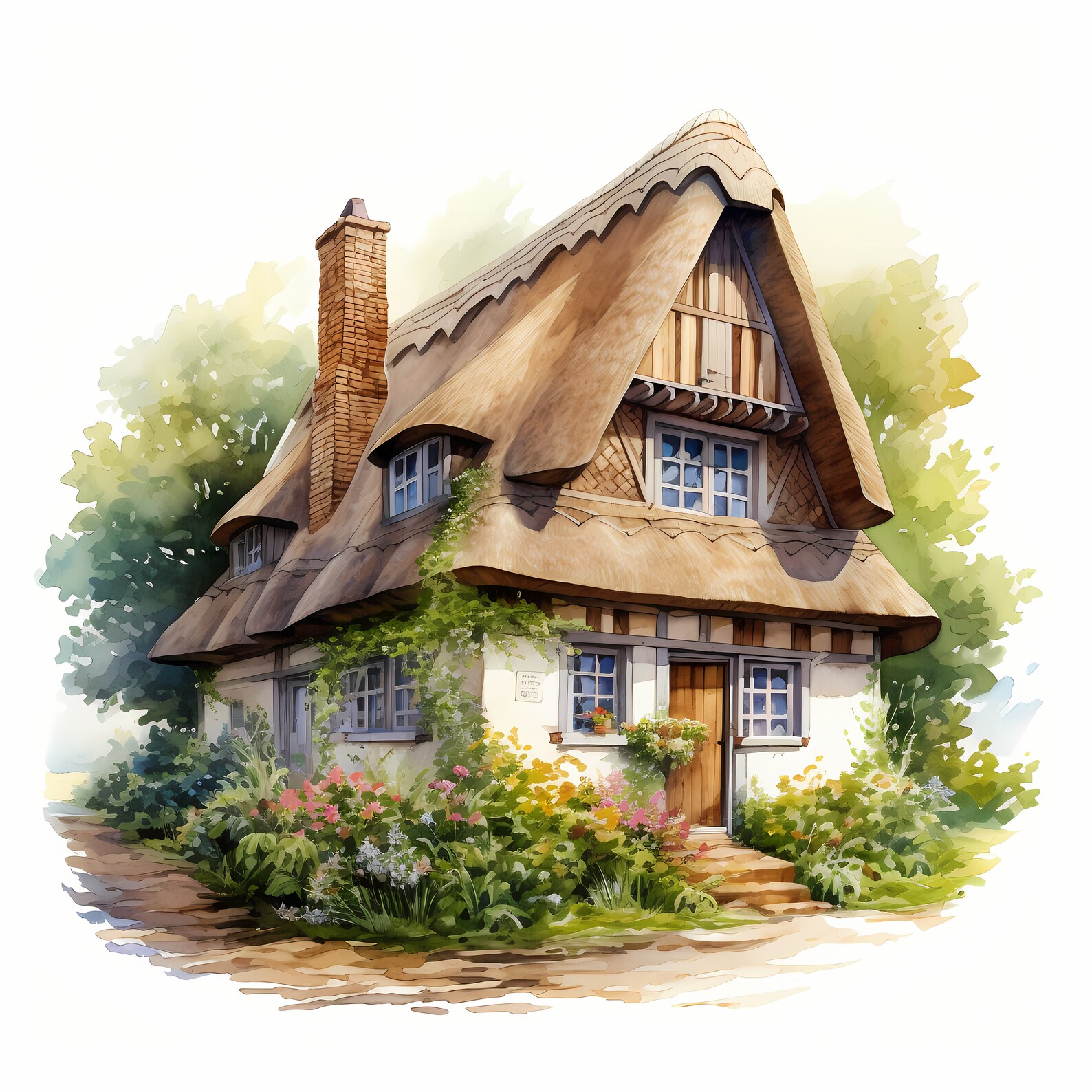 Thatched Roof House, English Cottagecore House Watercolor Clipart Set ...