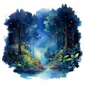 Watercolor Magical Night Forest Clipart: 10 JPG Images (commercial Use ...