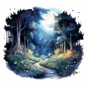 Watercolor Magical Night Forest Clipart: 10 JPG Images (commercial Use ...