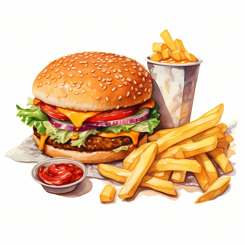 Burgers and Fries Clipart, Fast Food Images, 10 Watercolor Clip Art ...