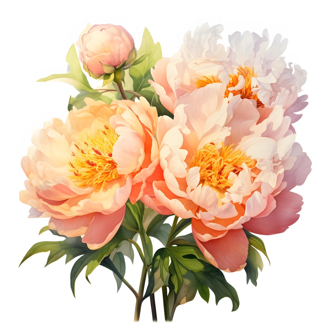 Peach Peonies Watercolor Clipart: Floral Bouquet Images (jpgs ...