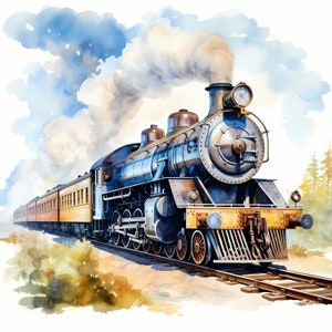 Watercolor Steam Train Clipart: Vintage Locomotive Jpgs (commercial Use ...