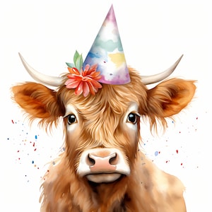 Cow Clipart, Cow With Party Hat Images, 10 Watercolor Clip Art ...