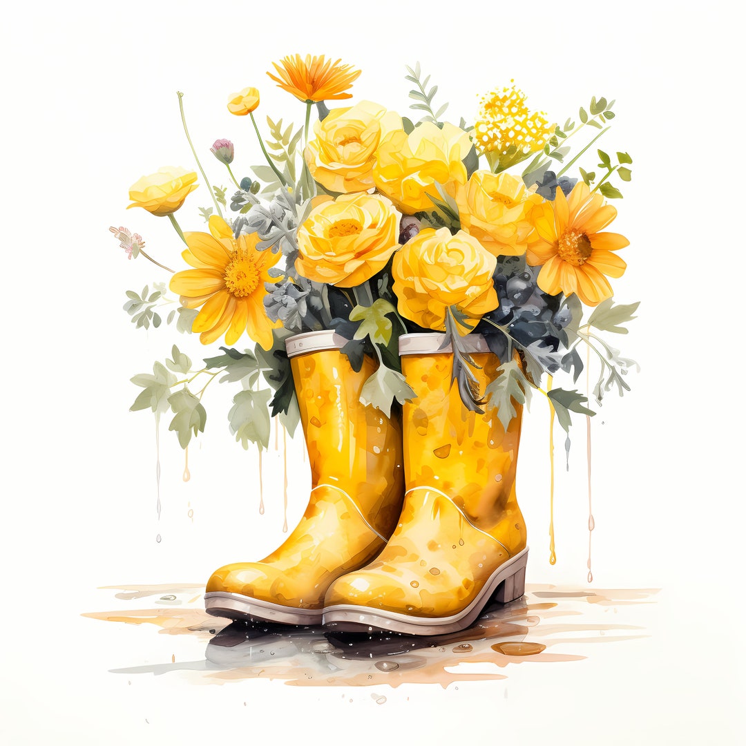 Yellow Rainboots Clipart, Flowers Rain Boot Images, 10 Watercolor Clip ...
