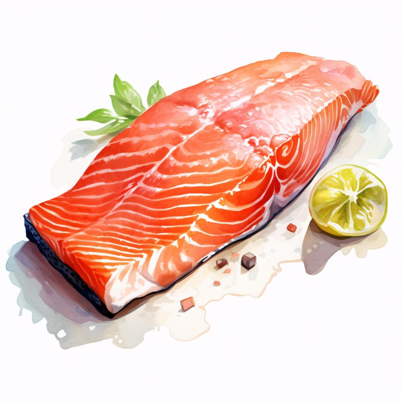 Salmon Fillet Clipart, Fresh Fish Food Images, 10 Watercolor Clip Art ...