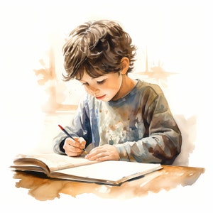 Child Writing Clipart, Back to School Images, 10 Watercolor Clip Art ...