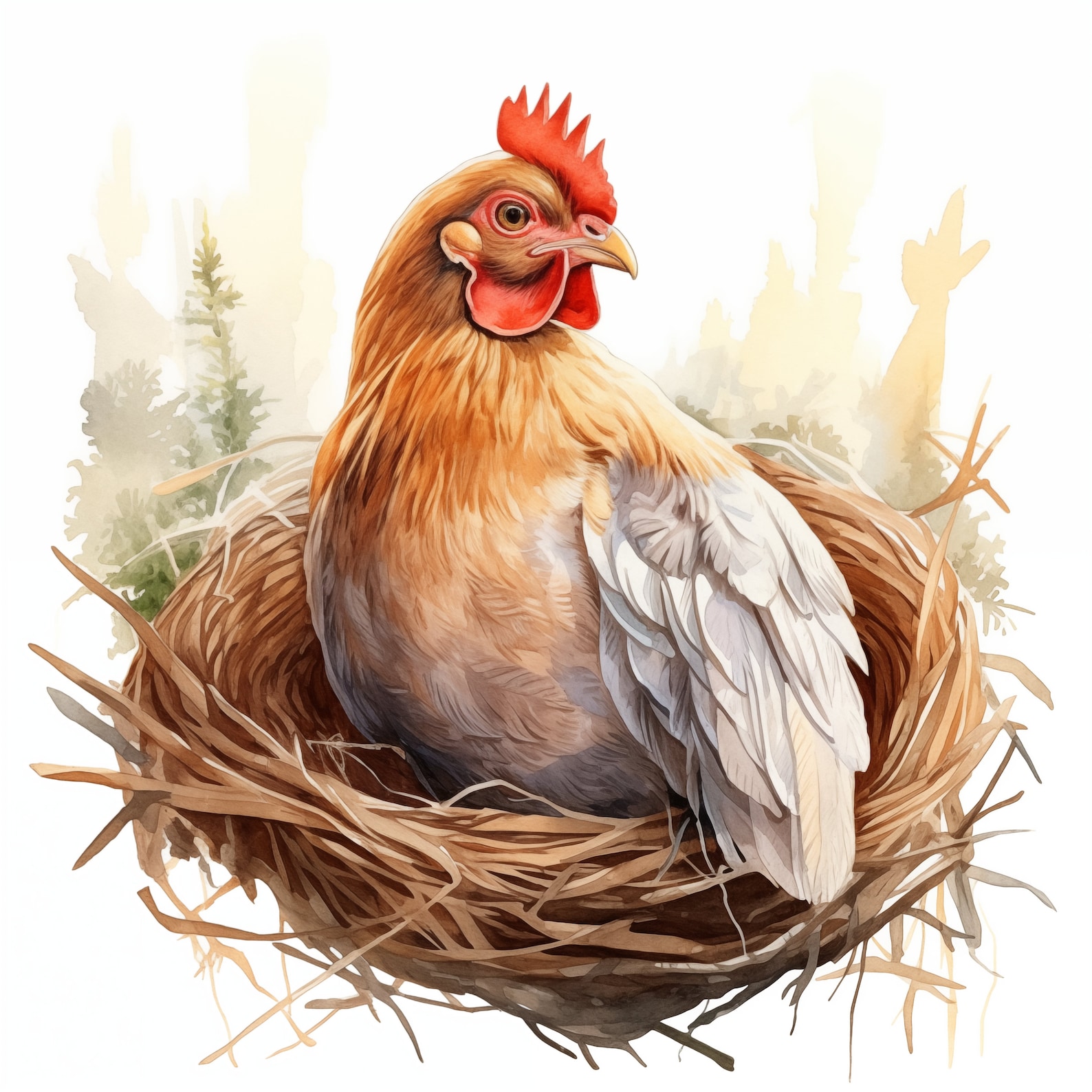 10 Hen in Nest, Hen Sitting on Eggs JPG, Watercolor Clipart, Printable ...
