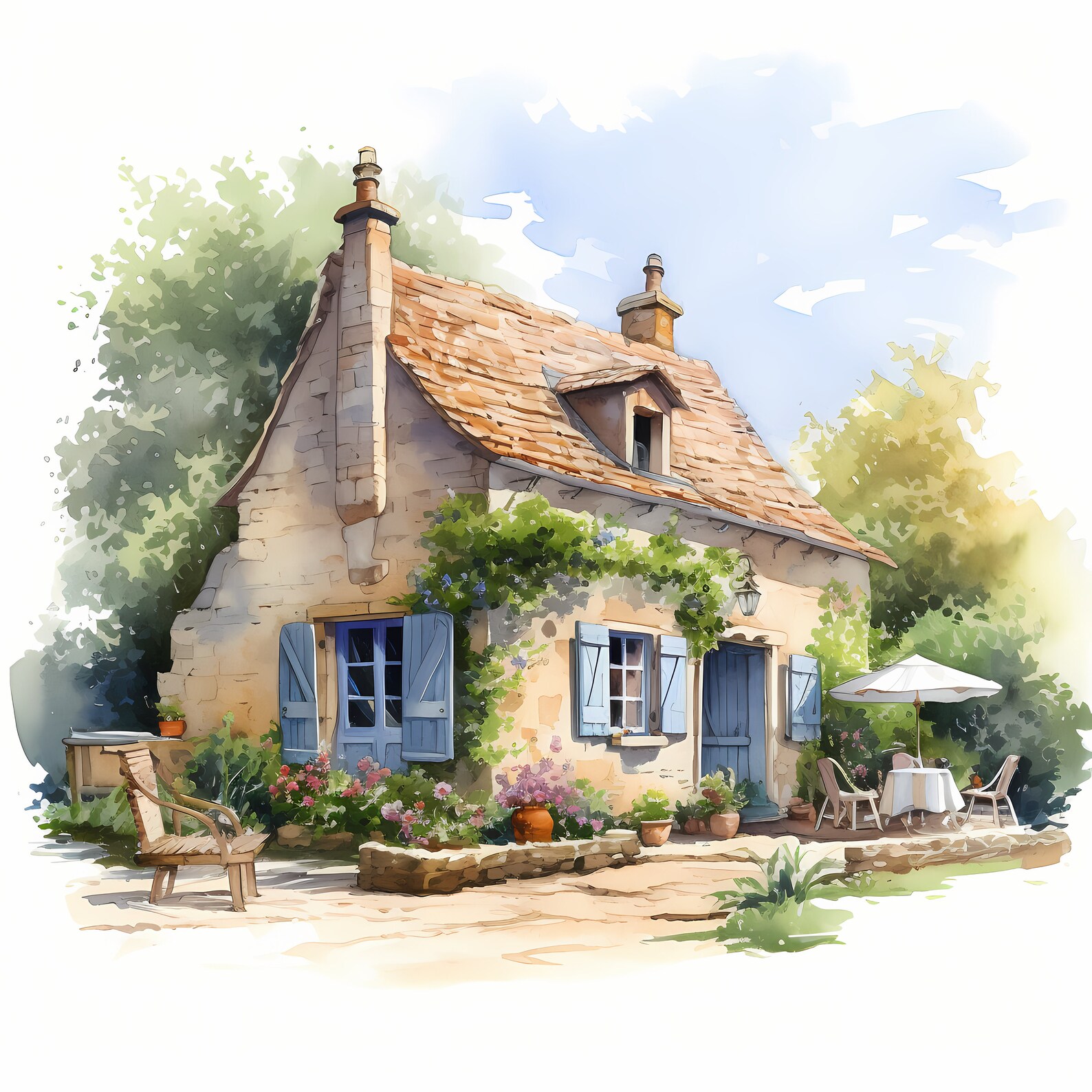 French Cottage Clipart, Country Houses Images, 10 Watercolor Clip Art ...