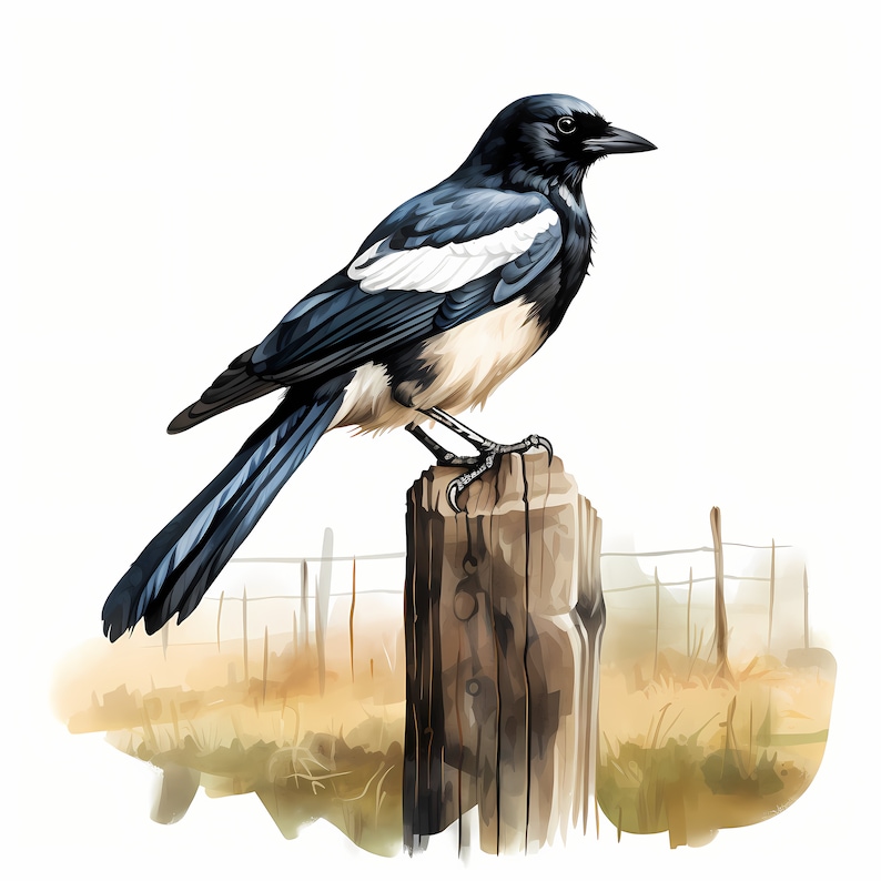 Magpie Watercolor Clipart: Bird on Fence Post (printable Jpgs) - Etsy