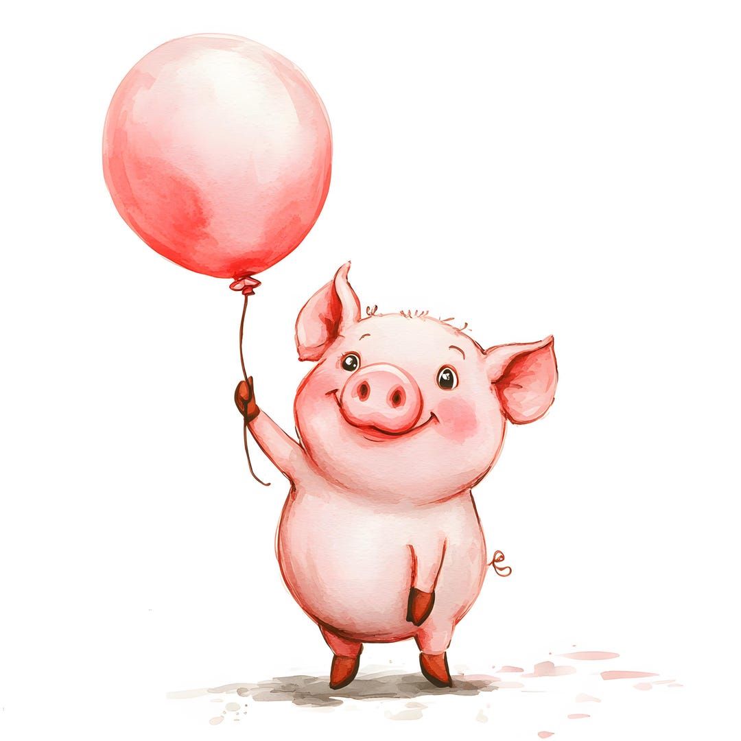 Pig Holding Balloon Clipart, Valentine's Day Pig Images, 10 Watercolor ...