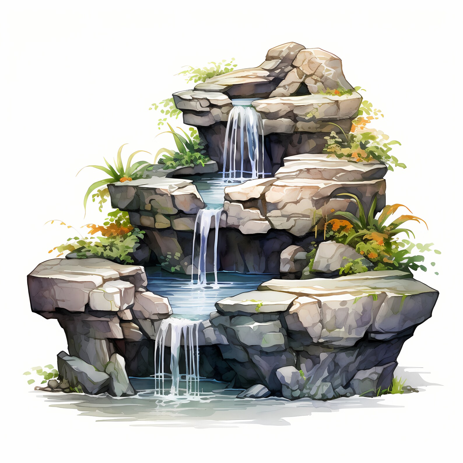 Garden Fountain Clipart, Stone Water Fountain Images, 10 Watercolor ...