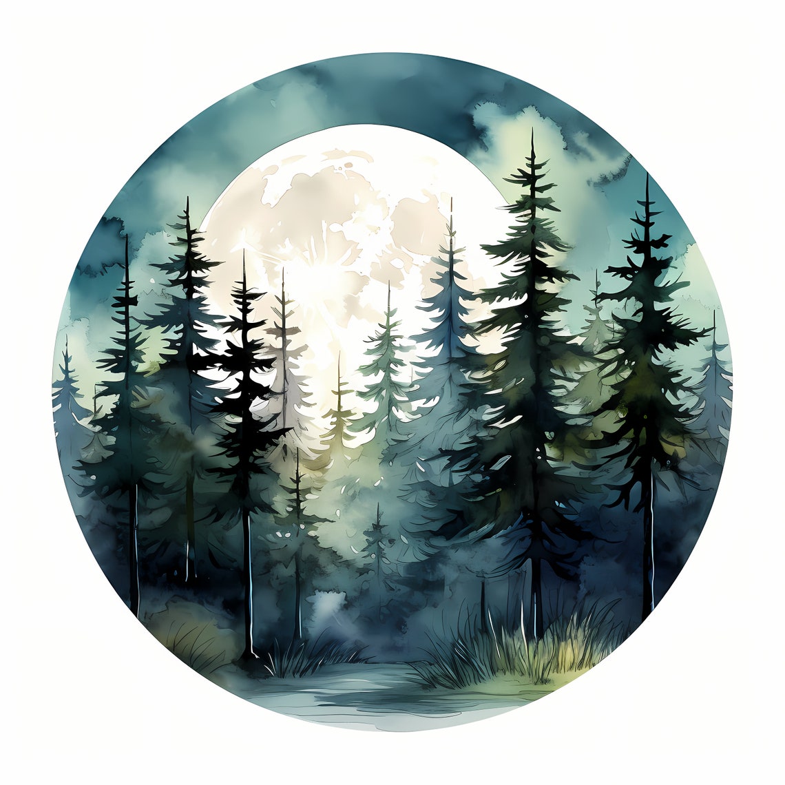 Watercolor Forest Moon Clipart: Printable JPG Images (commercial Use ...