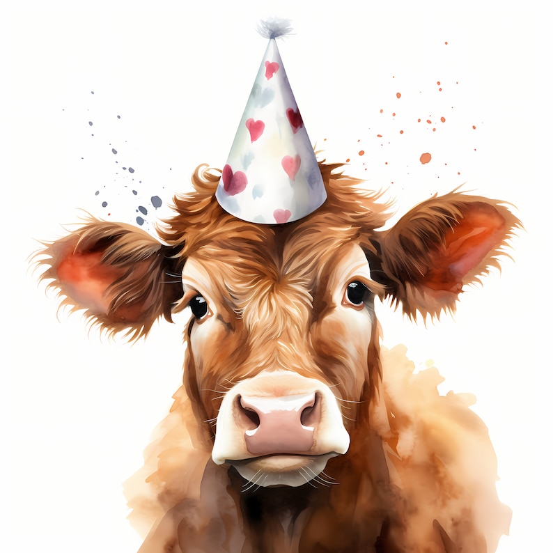 Cow Clipart, Cow With Party Hat Images, 10 Watercolor Clip Art ...