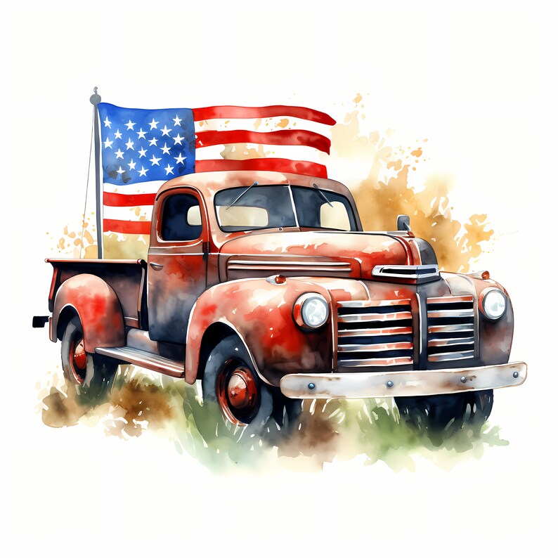 Patriotic Truck Clipart, July 4th Pickup Truck Images, 10 Watercolor ...