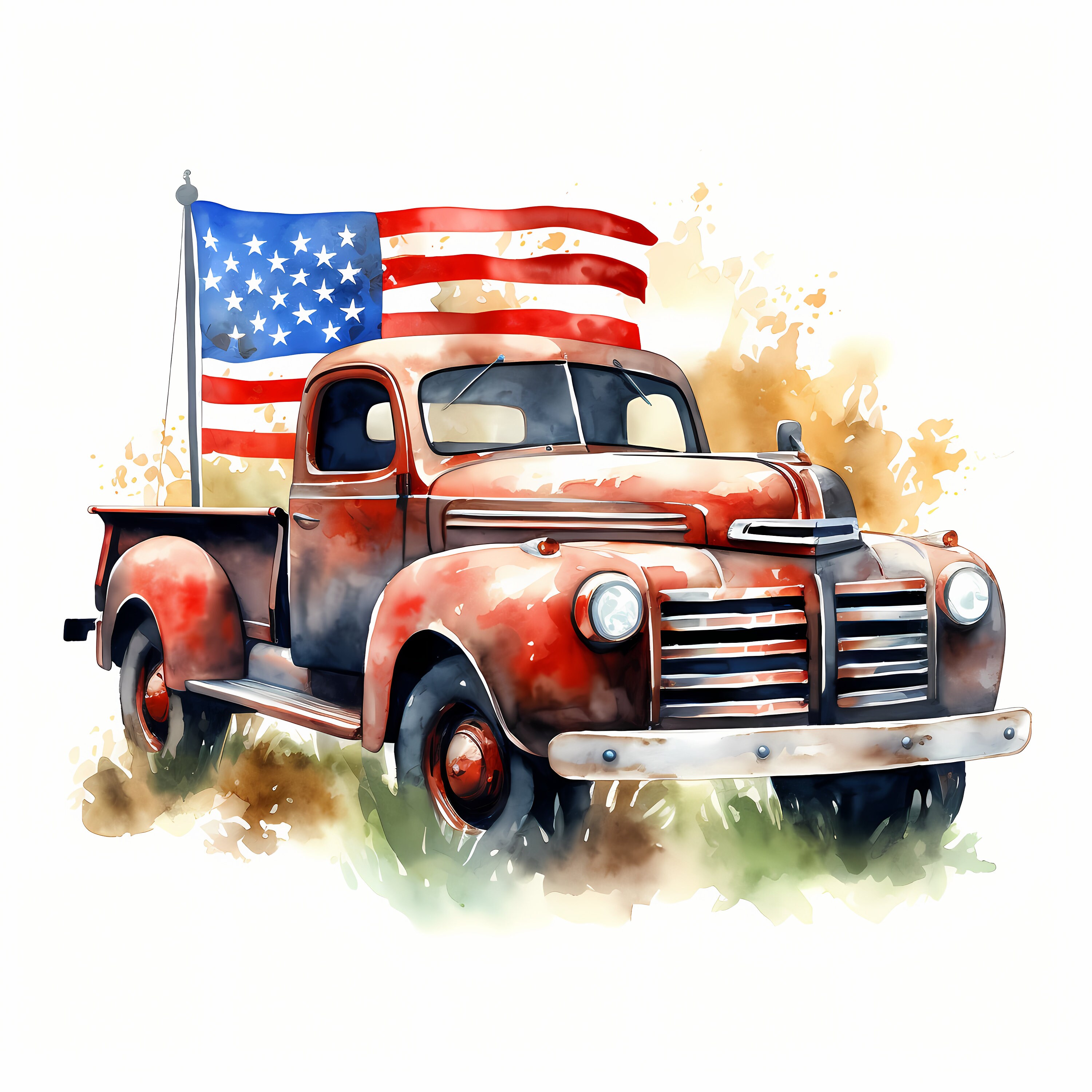 Patriotic Truck Clipart, July 4th Pickup Truck Images, 10 Watercolor ...