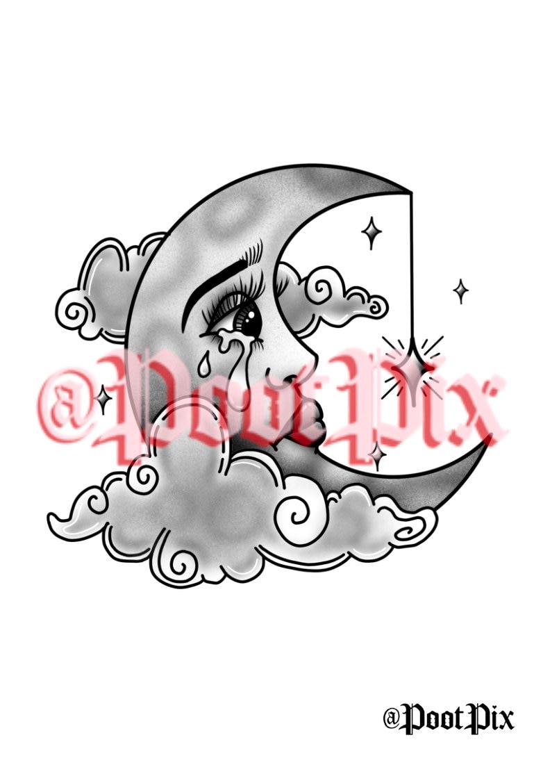 Sad Moon Tattoo Print - Tattoo Design - Tattoo Art - Wall Art - Digital ...