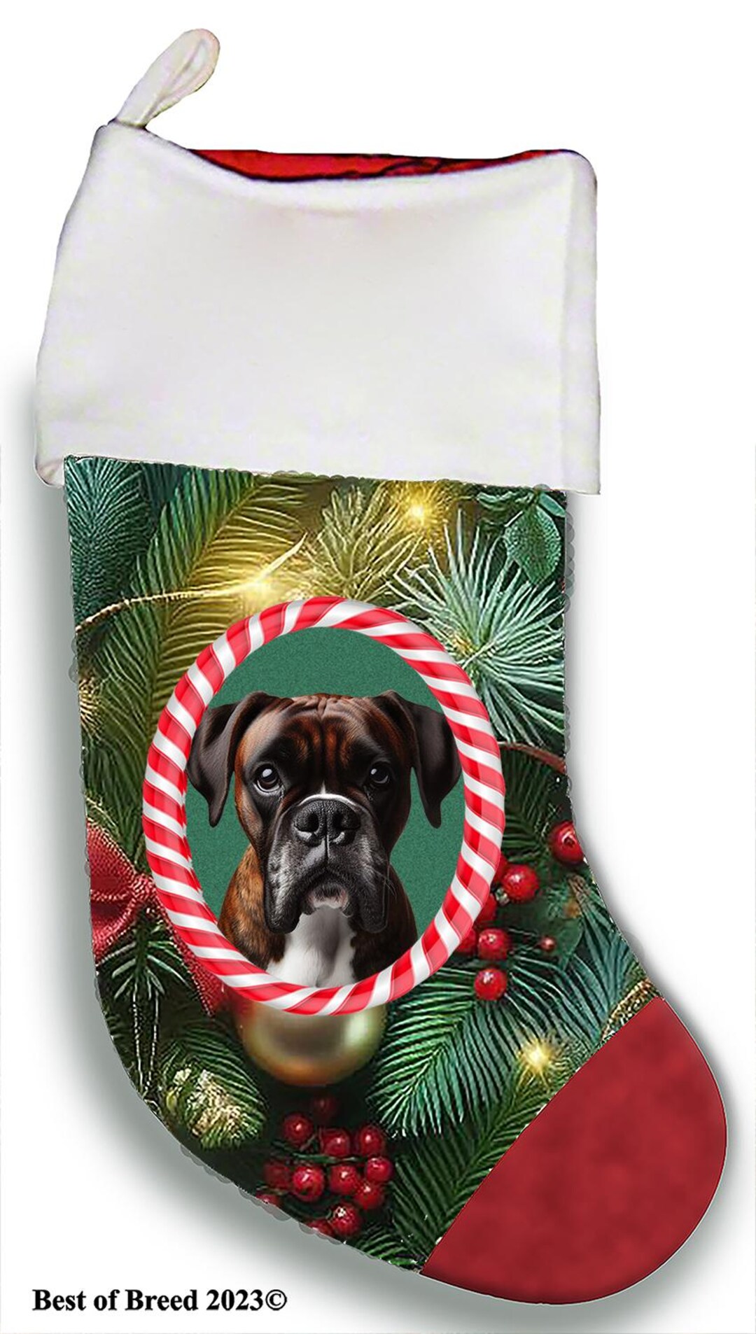 Boxer Brindle Uncropped - Best of Breed Christmas Stocking 13.5" Red ...
