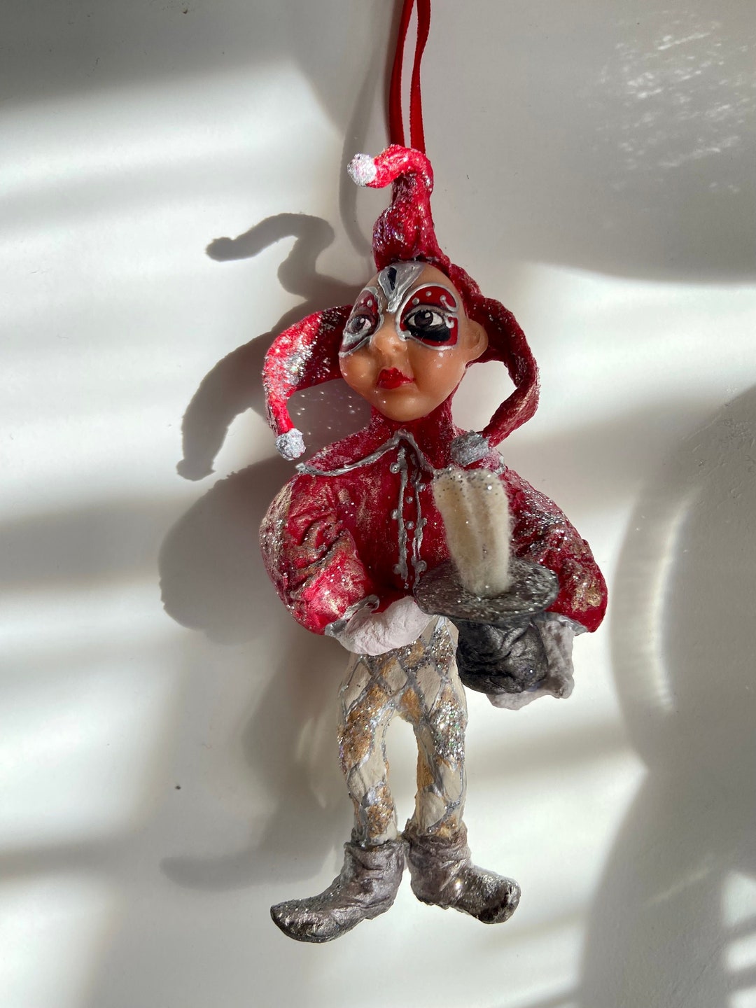 Spun Cotton Venitian Jester Magician Doll Handmade Vintage in Red Siver ...