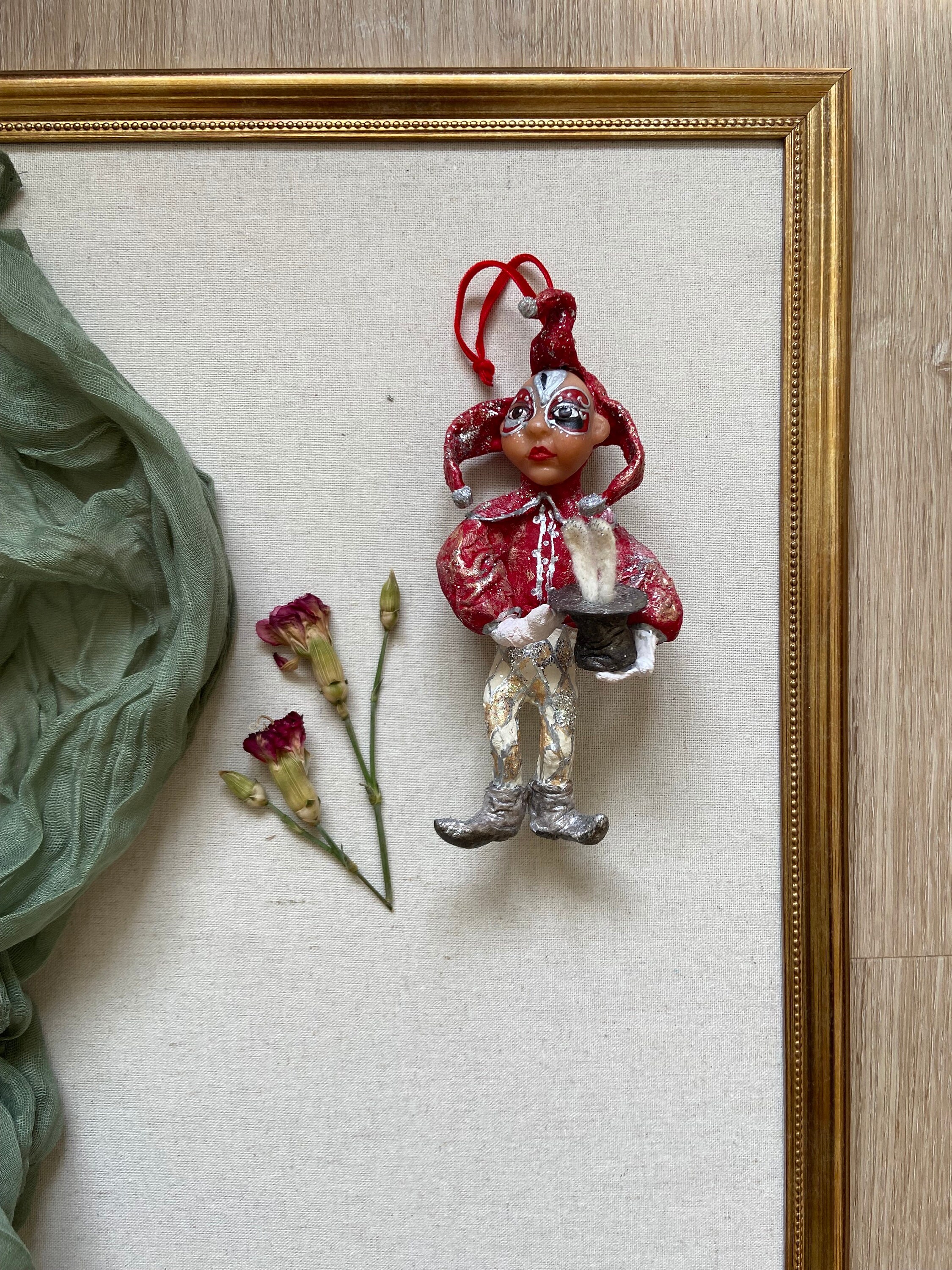 Spun Cotton Venitian Jester Magician Doll Handmade Vintage in Red Siver ...