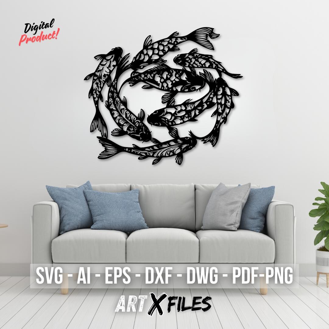 Koi Fish Wall Art Svg, Dxf, Dwg, Eps, Ai, Pdf, and Png Files. Plasma ...