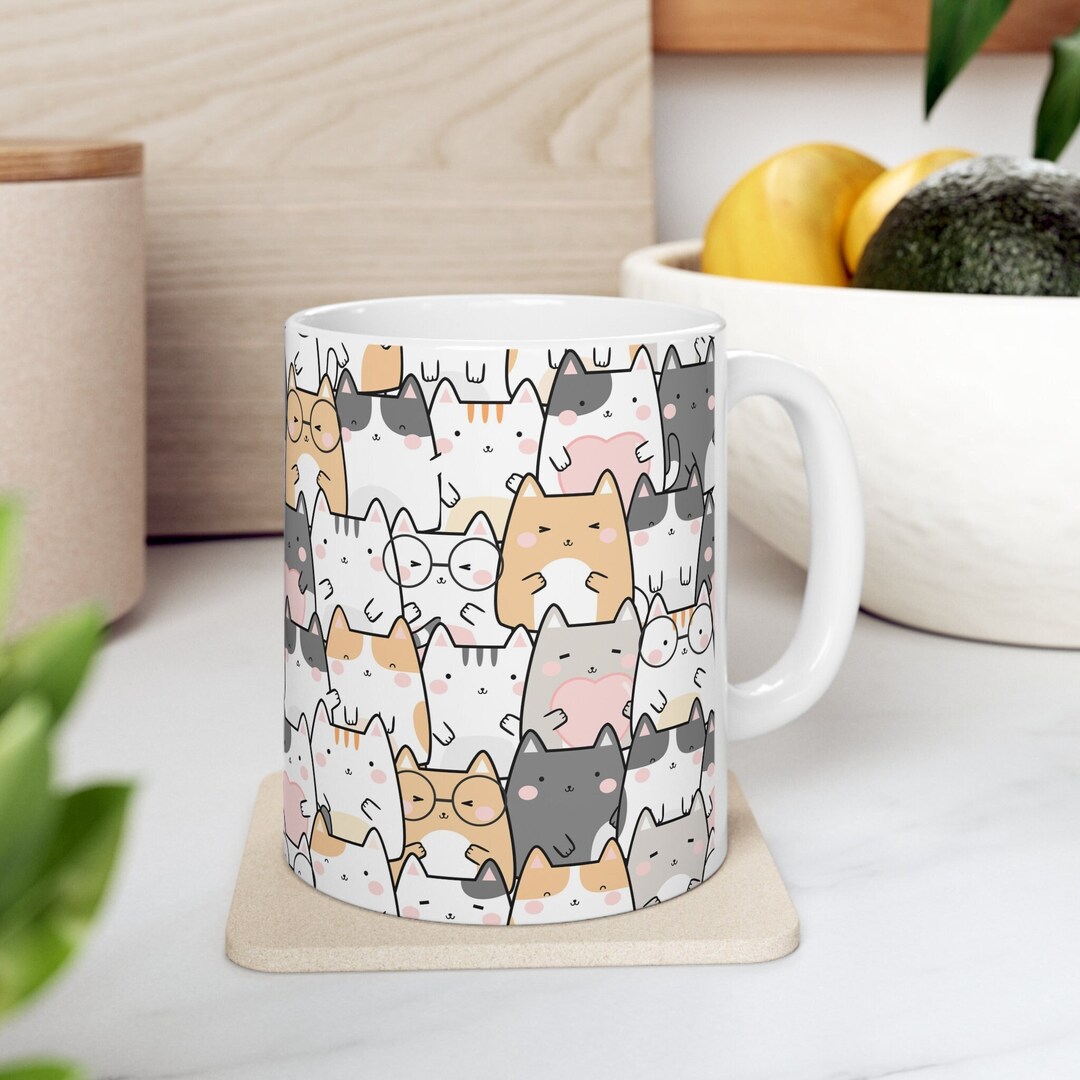 Kawaii Cats Mug, Cute Cat Mug, Cat Mom Gift, Doodle Cats, Coffee Mug ...