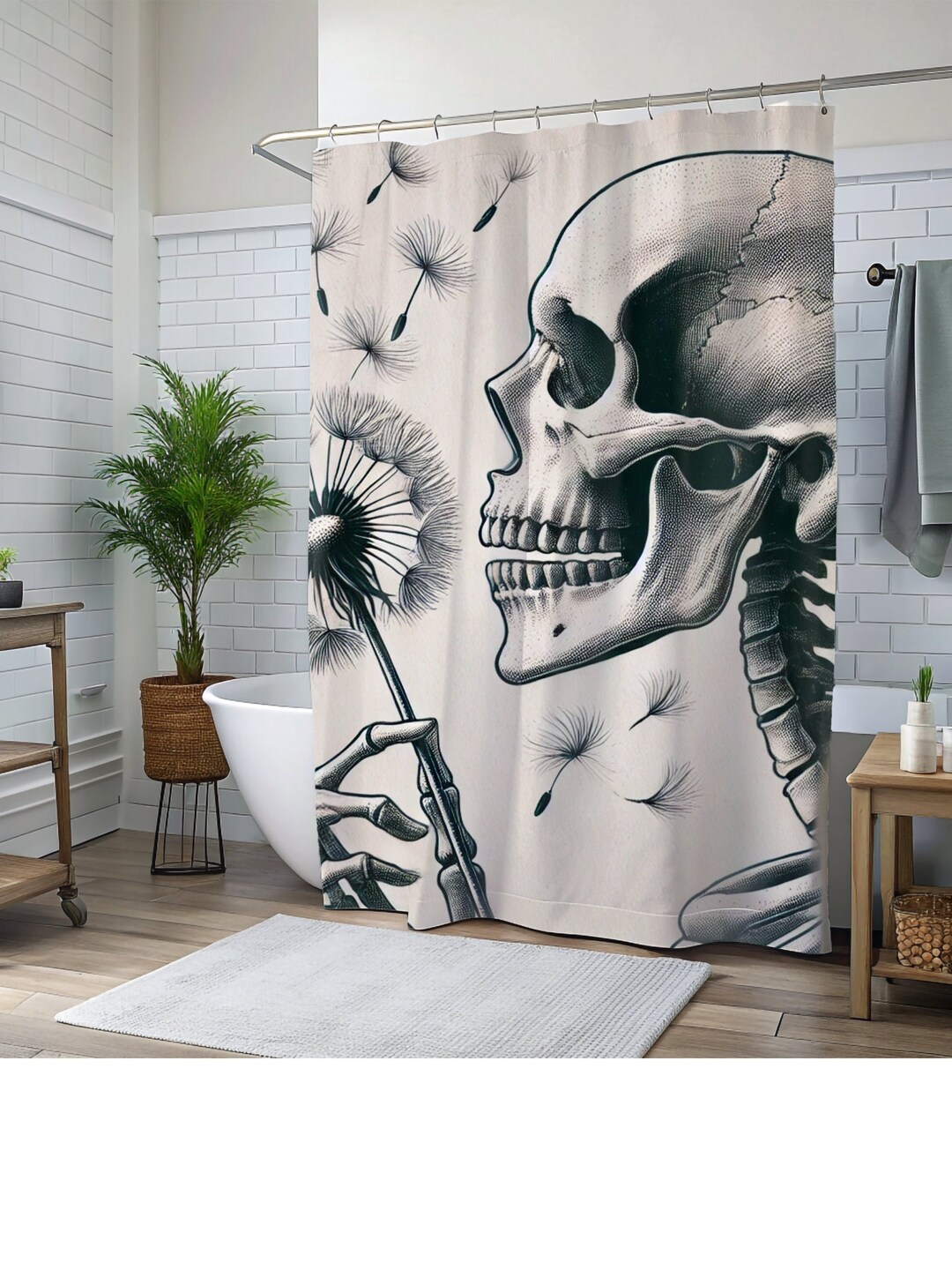 Skeleton Shower Curtain Momento Mori Bathroom Ethereal Botanical ...