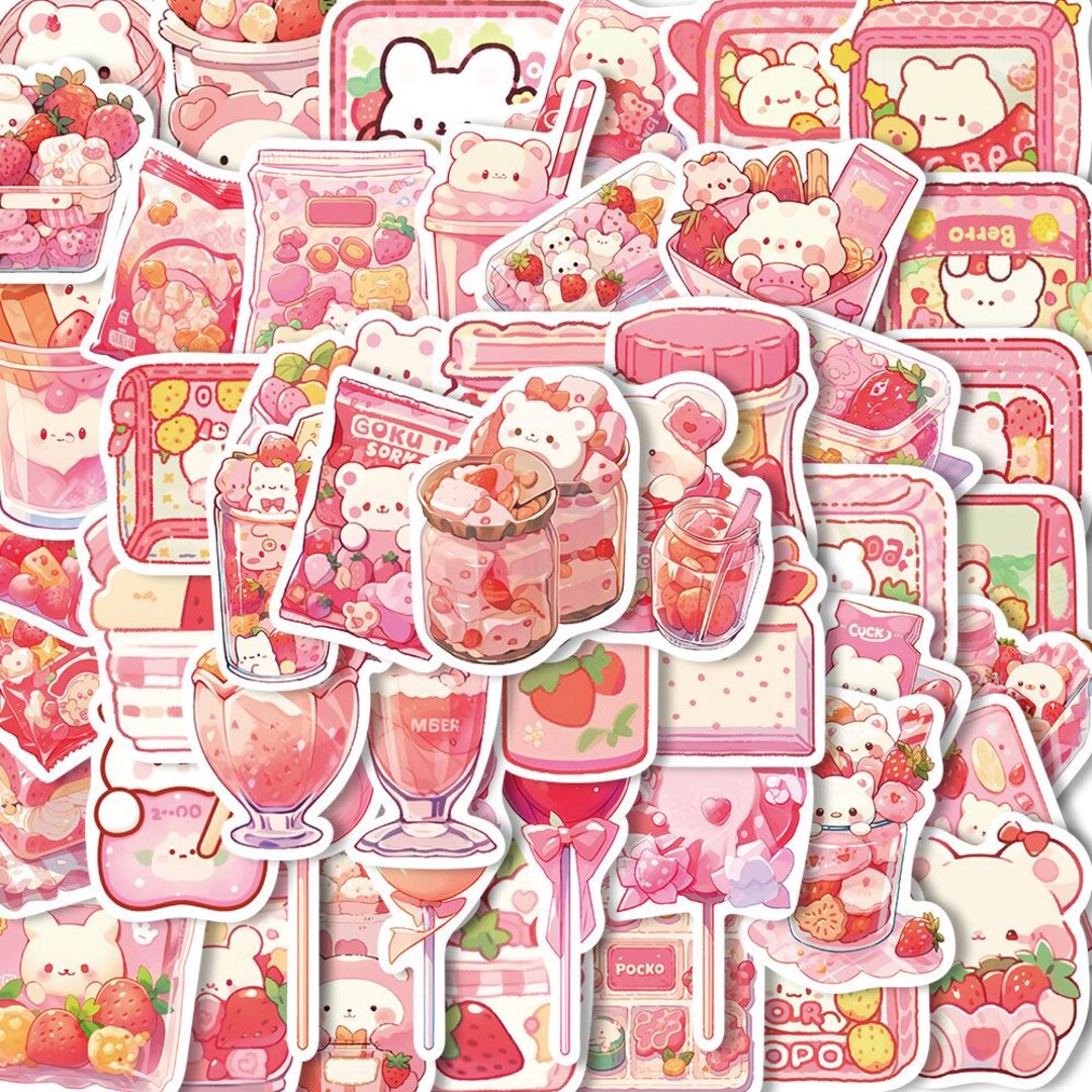 50 Cute Pink Snack Stickers Kawaii Funny Gift Waterproof Stickers ...