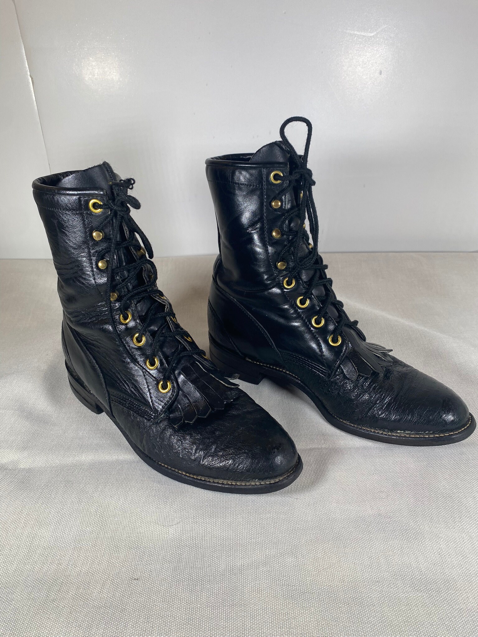 6B Rare, Women's Vintage Black Justin Bull Hide Lace-up, Kiltie Boots ...