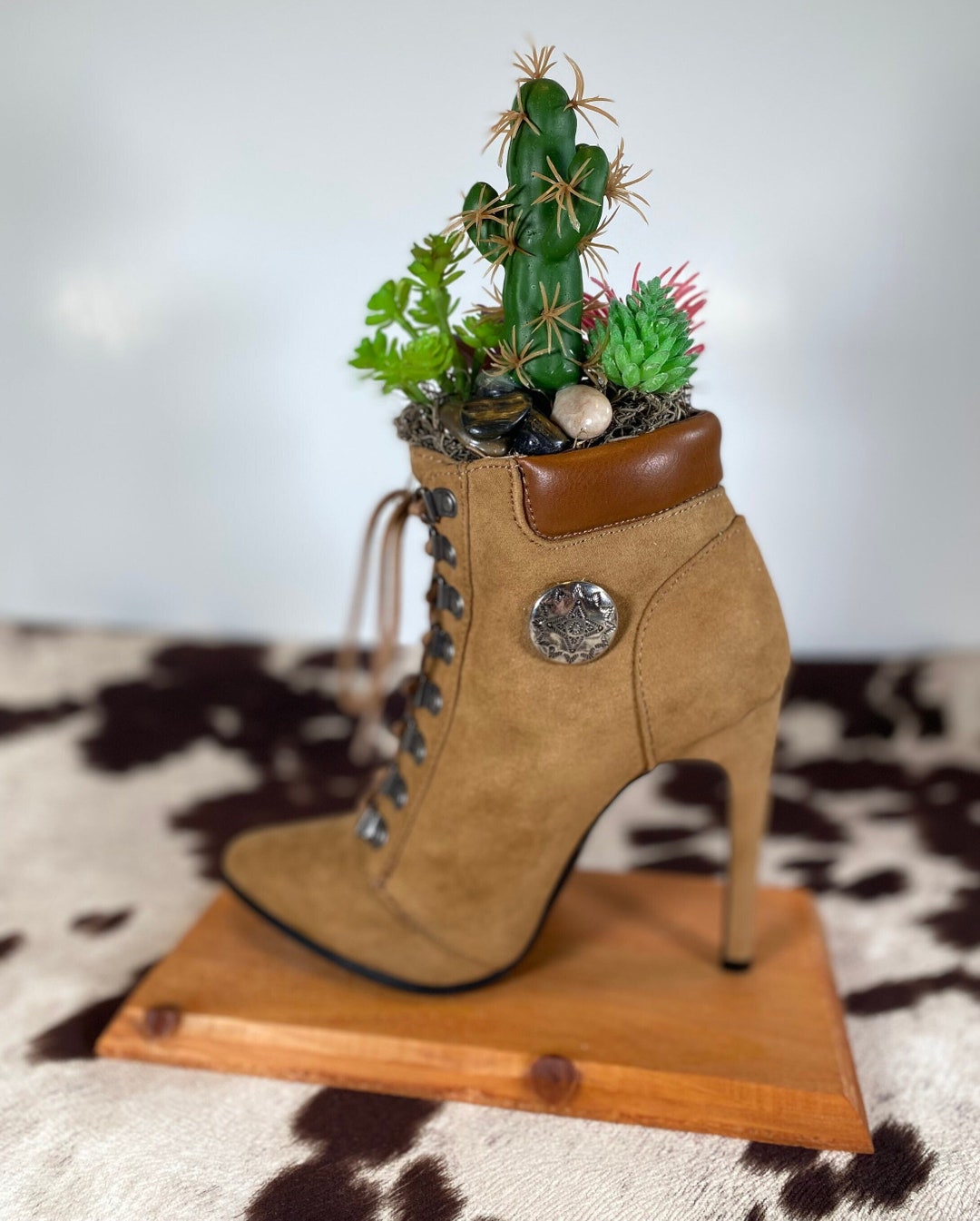 Cowgirl Boot Decor, Faux Cactus Arrangement, Cowboy Boot, Mantlepiece ...