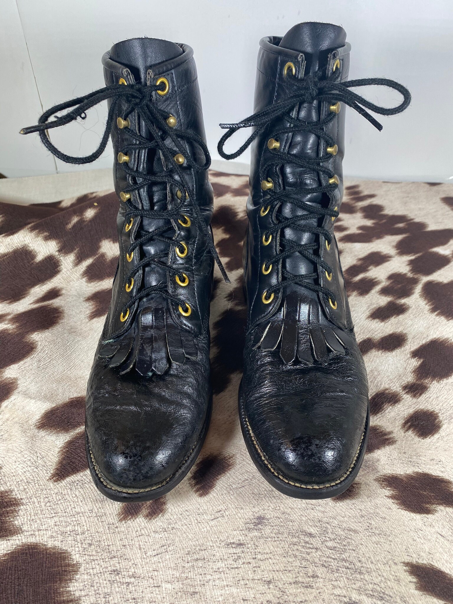 6B Rare, Women's Vintage Black Justin Bull Hide Lace-up, Kiltie Boots ...
