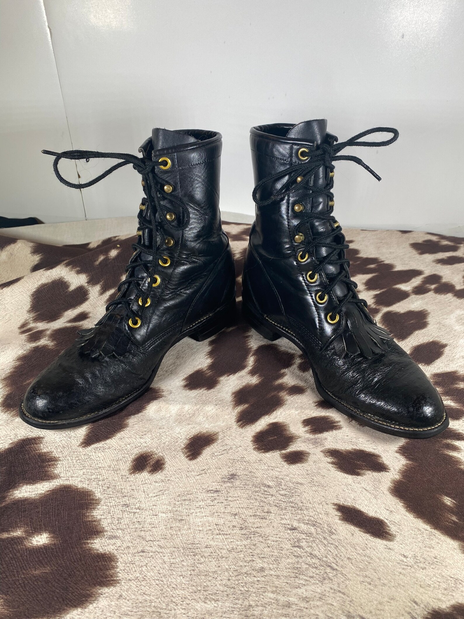6B Rare, Women's Vintage Black Justin Bull Hide Lace-up, Kiltie Boots ...