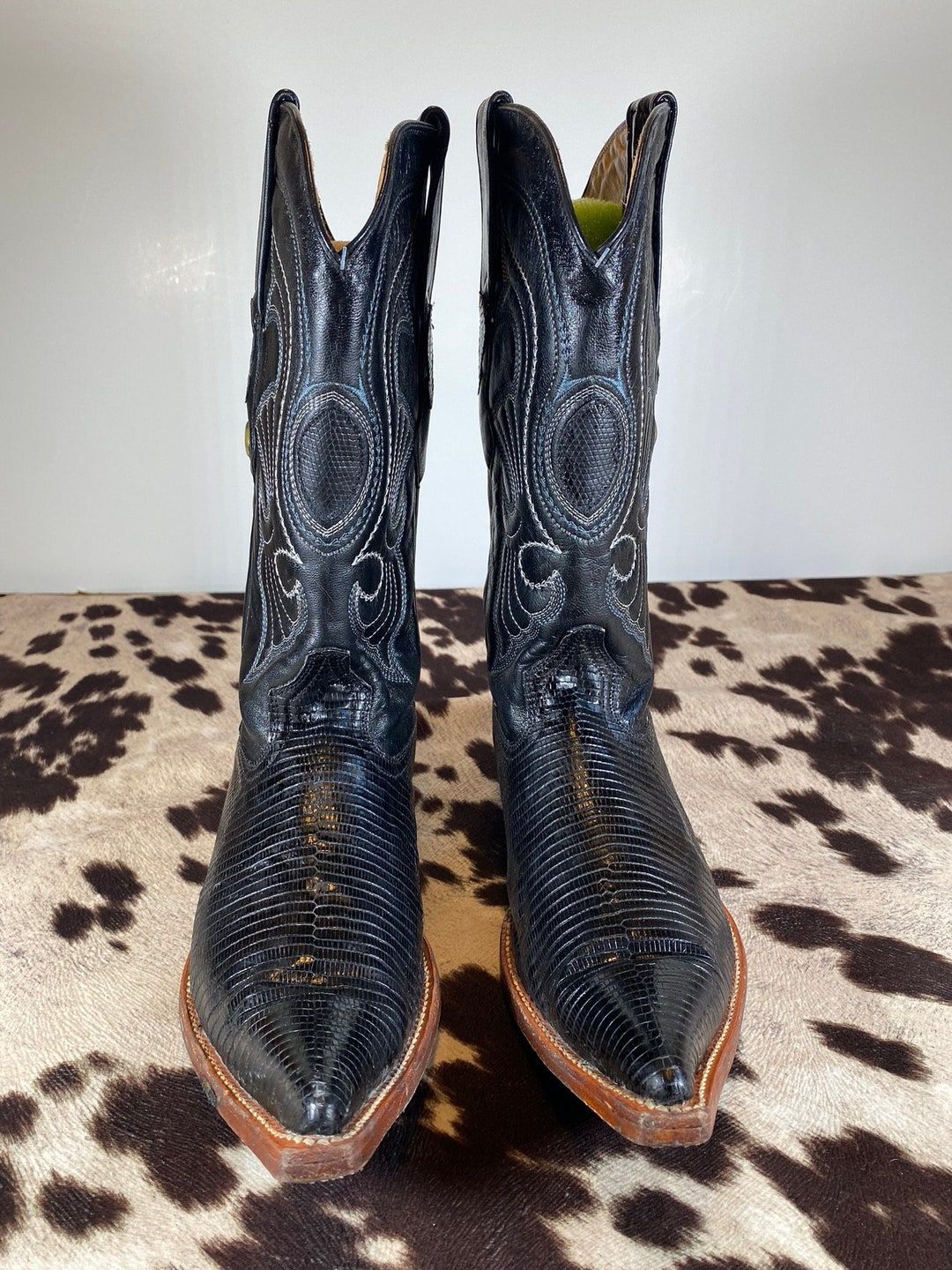 Vintage Los Altos Lizard Cowboy Boots: Black Leather Snip Toe, Handmade ...