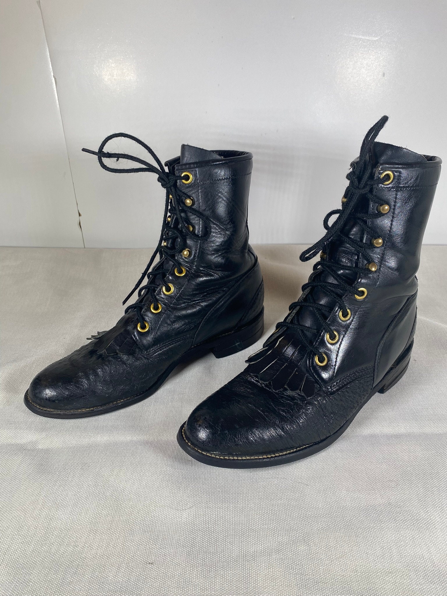 6B Rare, Women's Vintage Black Justin Bull Hide Lace-up, Kiltie Boots ...