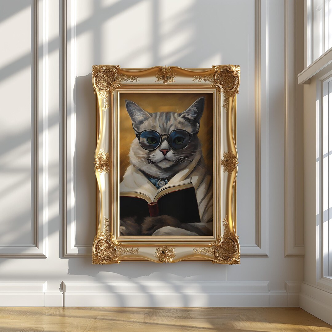 Cat Wall Art, Cat Reading Poster, Library Wall Art, Reading Nook Decor ...