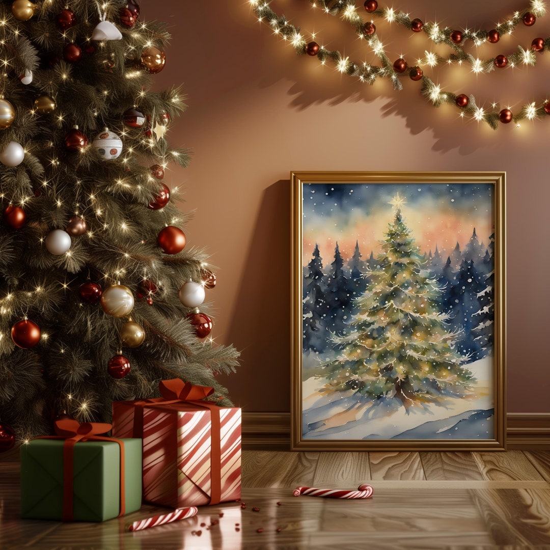 Printable Christmas Wall Art, Festive Home Decor, Snowy Christmas Tree ...