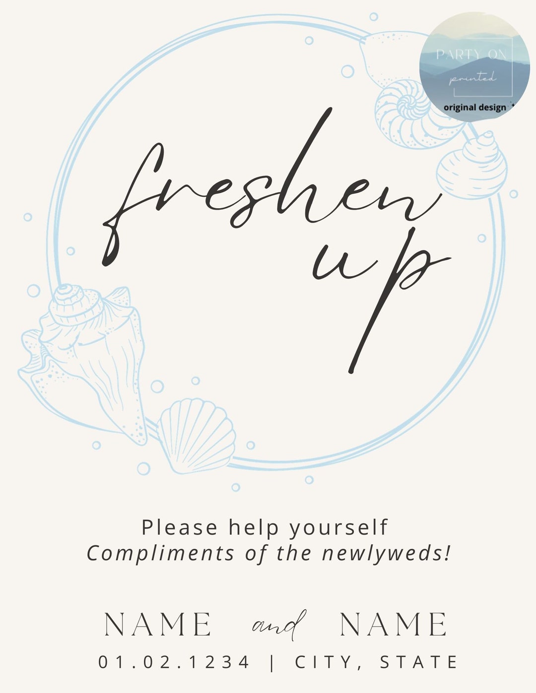 Beach Wedding Bathroom Sign, Freshen up Sign, Seashells, Modern ...