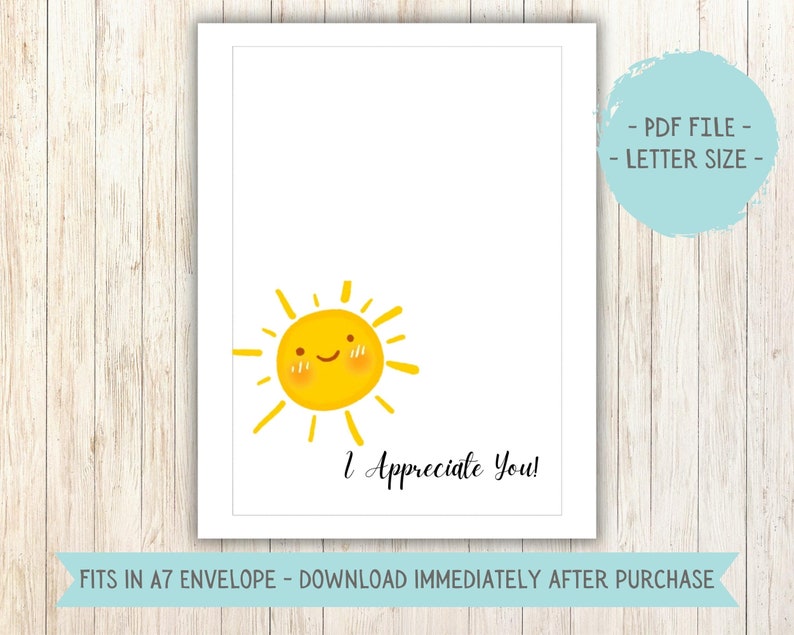 I Appreciate You Printable Card / Instant Download PDF / Sunshine ...