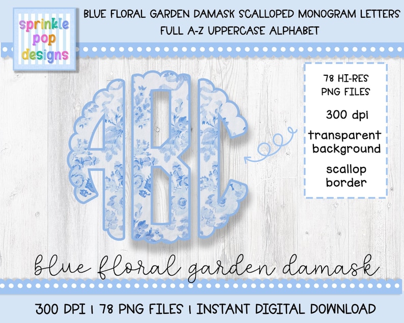 Scalloped Monogram Alphabet | Blue Floral | Alphabet Clipart | 78 Png ...