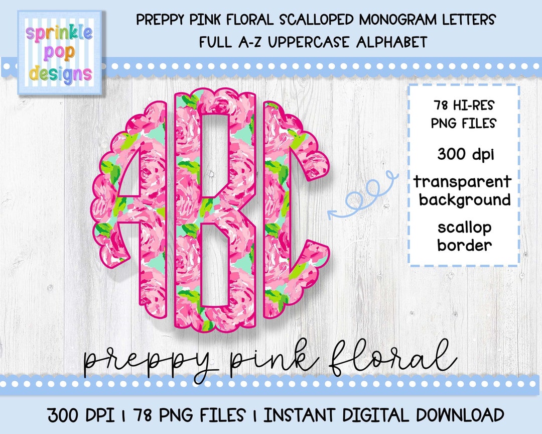 Doodle Alphabet | Preppy Pink Floral Scallop Monogram | Alphabet Font ...