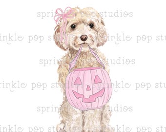 Watercolor Brown Cockapoo With Blue Pumpkin Pail | Watercolor Design ...
