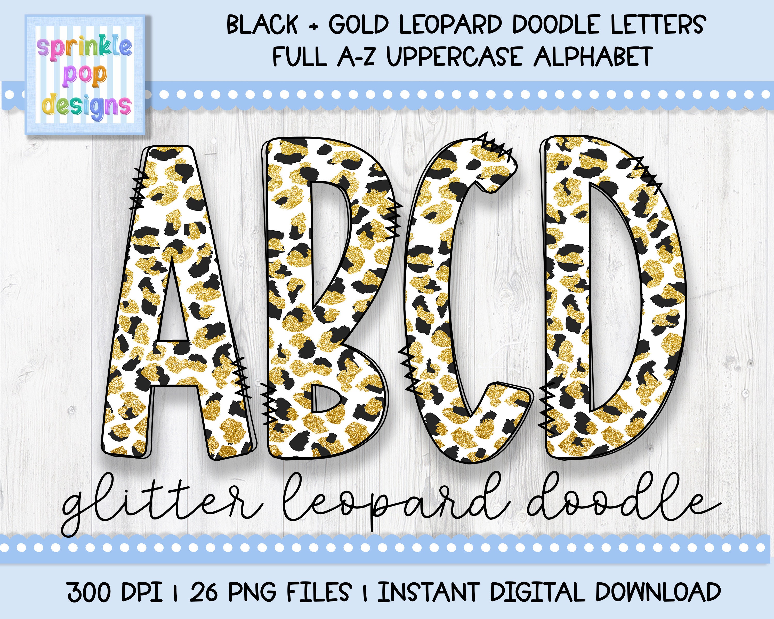 Doodle Alphabet | Black and Gold Glitter Leopard Doodle Letters ...