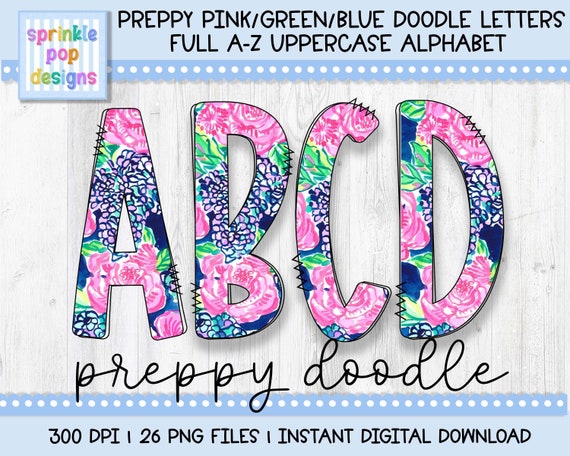 Doodle Alphabet Preppy Pink Green and Blue Doodle Letters - Etsy