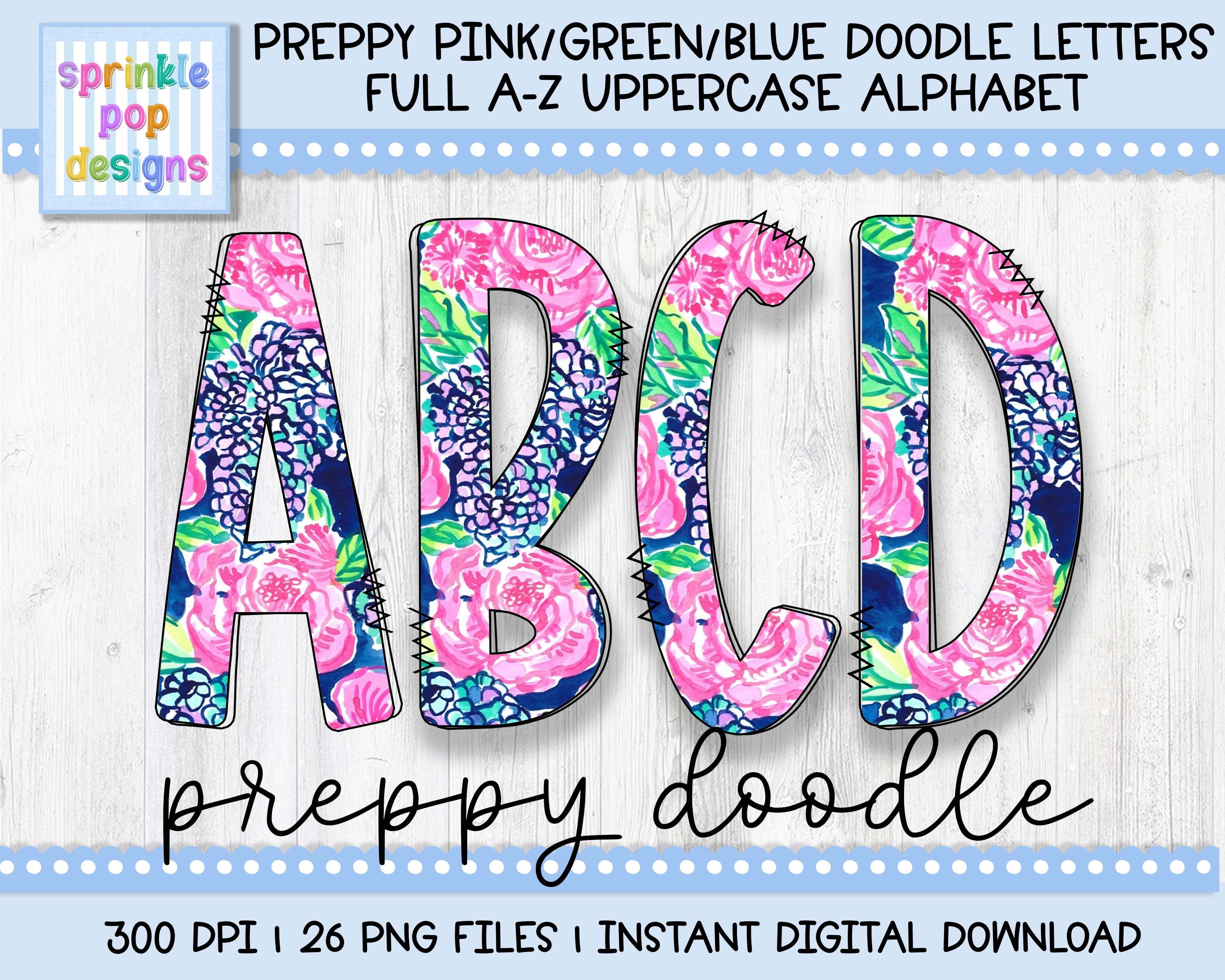 Doodle Alphabet | Preppy Pink, Green, and Blue Doodle Letters ...