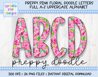 Doodle Alphabet Preppy Pink, Green, and Blue Doodle Letters Alphabet ...