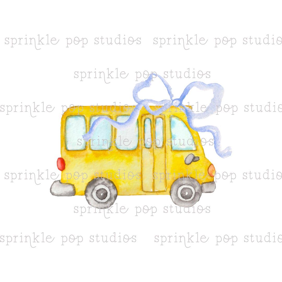 Watercolor School Bus With Blue Bow | Watercolor Design | Preppy Design ...