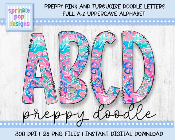 Doodle Alphabet Preppy Pink and Turquoise Doodle Letters - Etsy