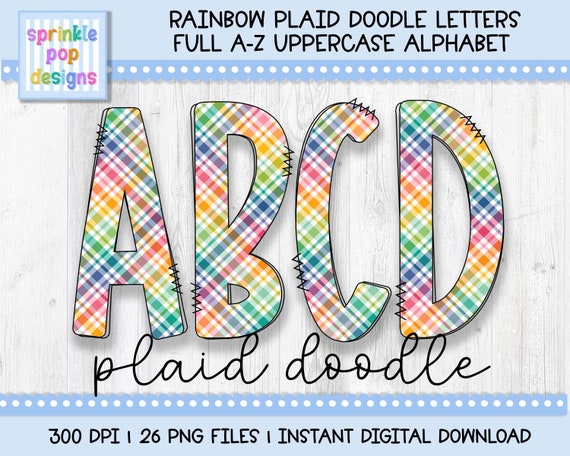 Doodle Alphabet Rainbow Plaid Doodle Letters Alphabet | Etsy